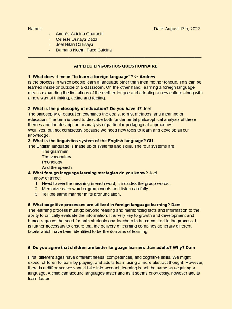 Applied Linguistics Questionnaire 3 | PDF | Second Language Acquisition ...