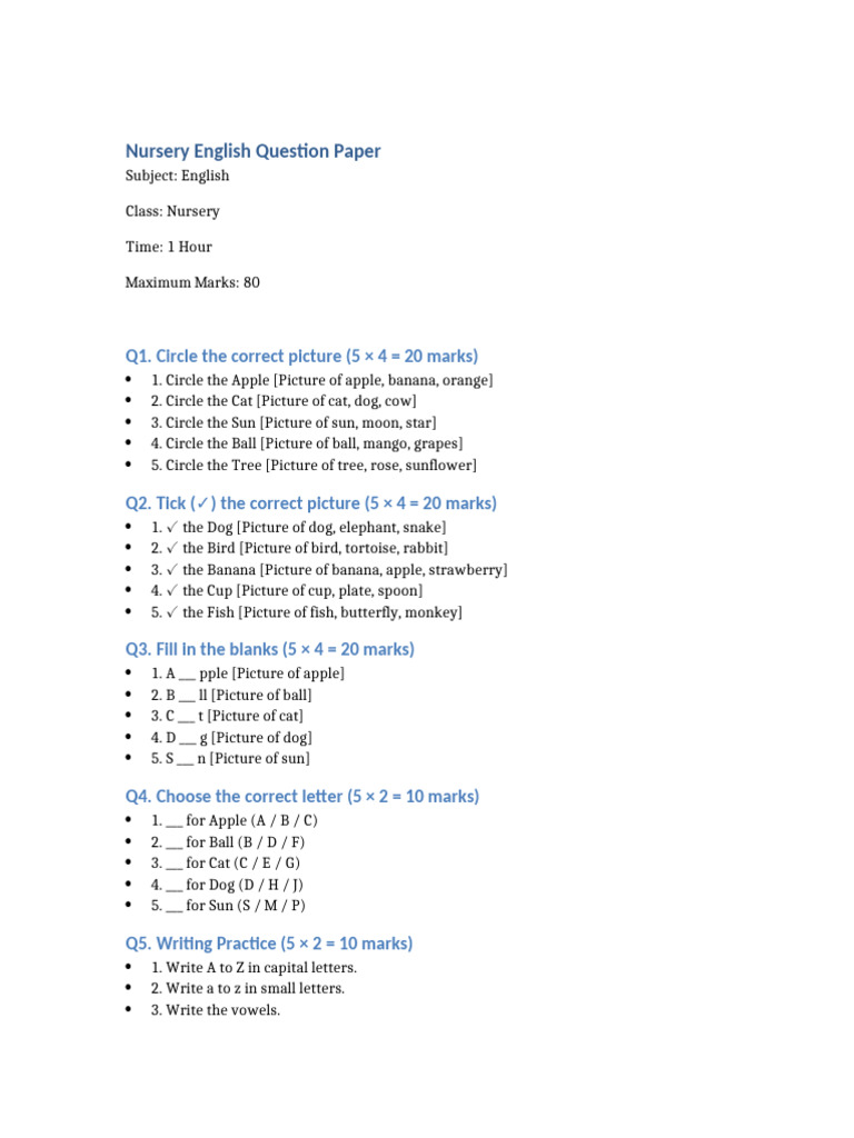 Nursery English Question Paper | PDF