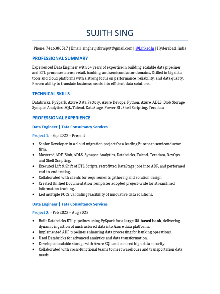 Sujith Sing Data Engineer Resume | PDF | Microsoft Azure | Apache Spark