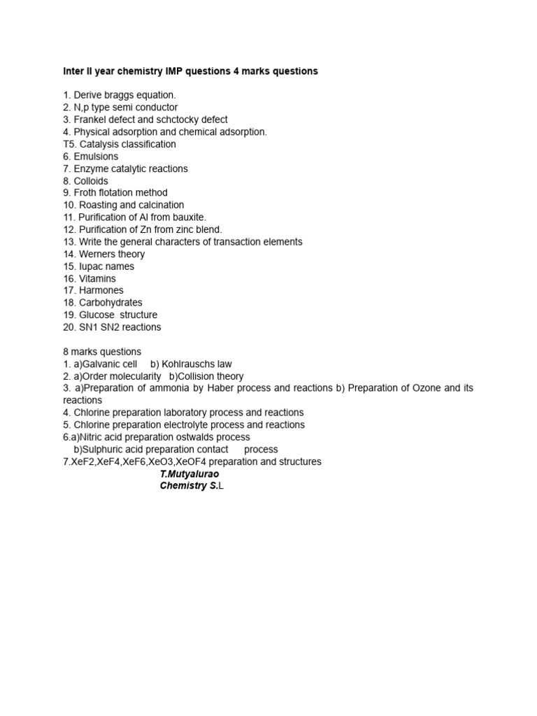 Inter II Year Chemistry IMP Questions 4 Marks Questions | PDF