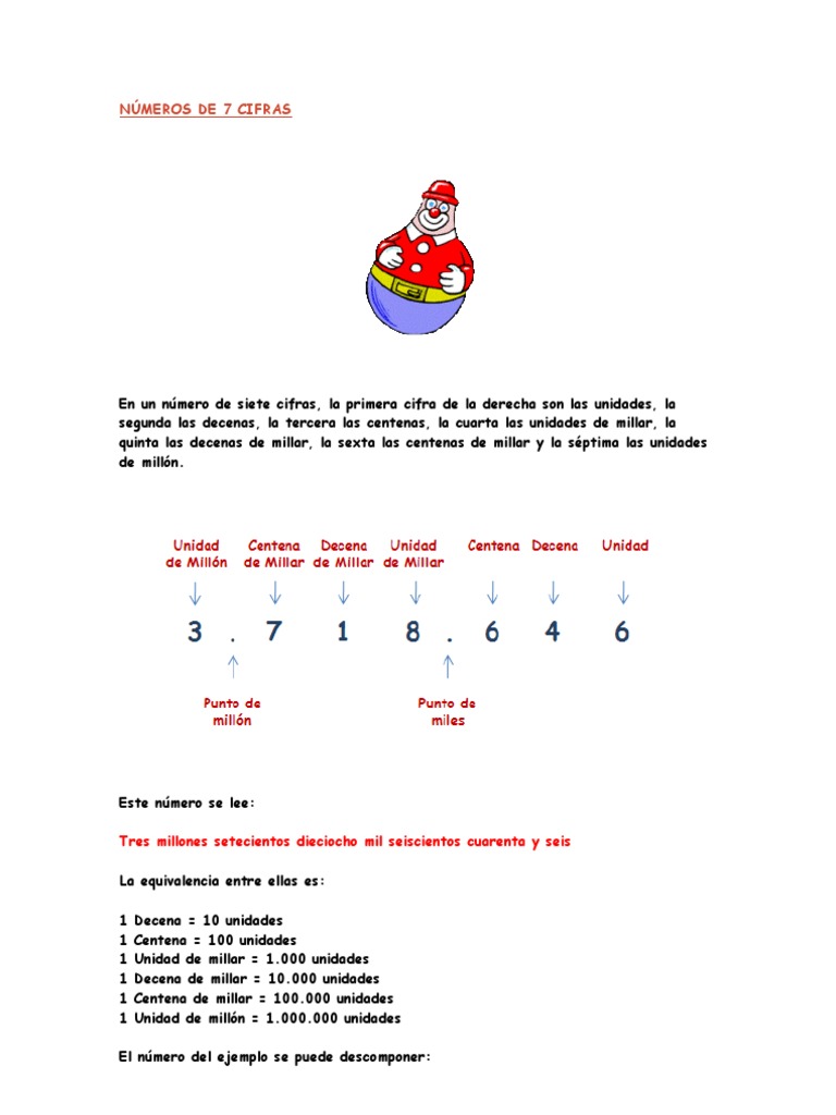 Números de 7 cifras: lectura y ejercicios | PDF
