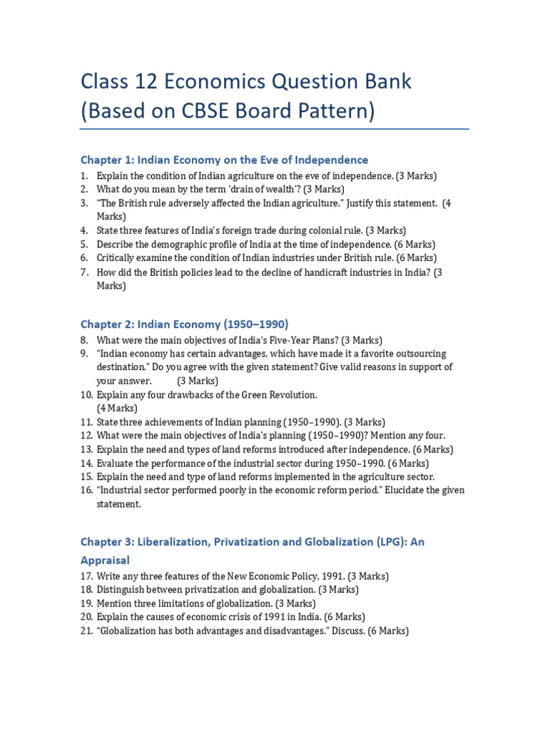 Class 12 Economics Question Bank Guide | PDF | Privatization | Economy ...