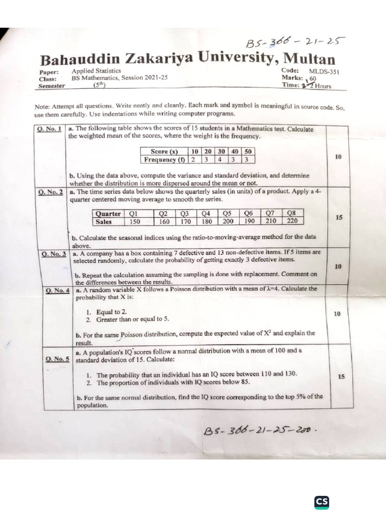 Applied Statistics (Past Papers) | PDF