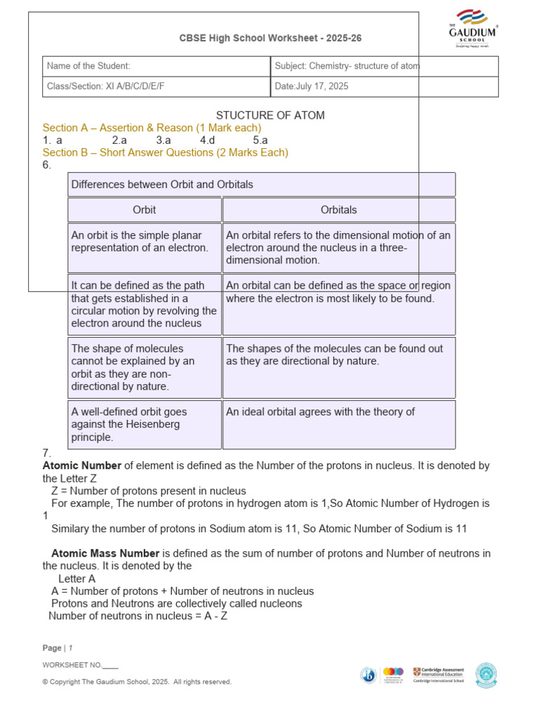 Key - Structure of Atom Ws-1 | PDF | Atomic Orbital | Electron ...