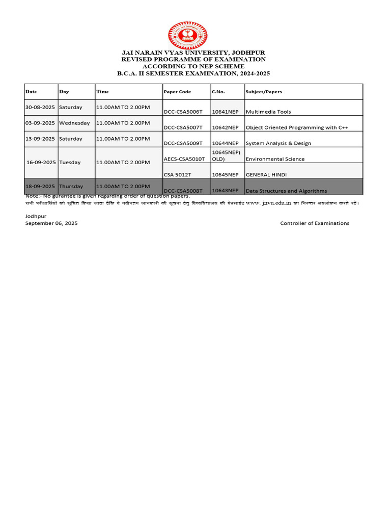 Revised Bca Second Semester Nep Scheme Examination 2025 | PDF