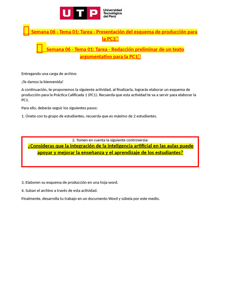 ? Semana 06 - Tema 01 Tarea - Redacción preliminar de un texto argumentativo para la PC1 ...