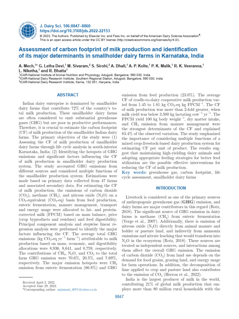 Assessment of Carbon Footprint of Milk Production and Identification ...