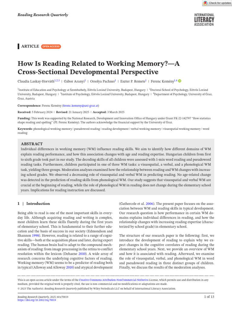 Reading and Working Memory in Children | PDF | Cognitive Science ...