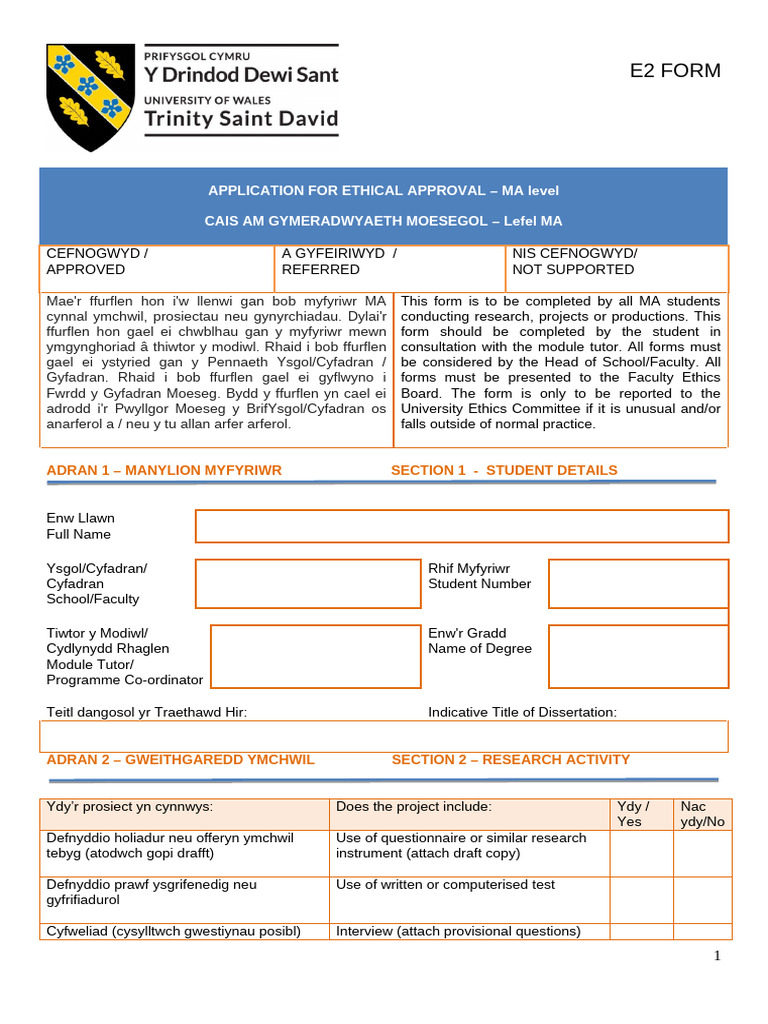 E2 Ethics Form - Masters | PDF