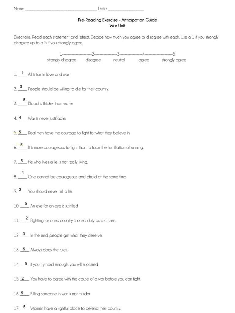 War Unit Anticipation Guide Exercise | PDF