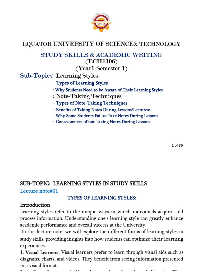 Study Skills: Learning Styles Overview | PDF | Learning Styles | Study ...