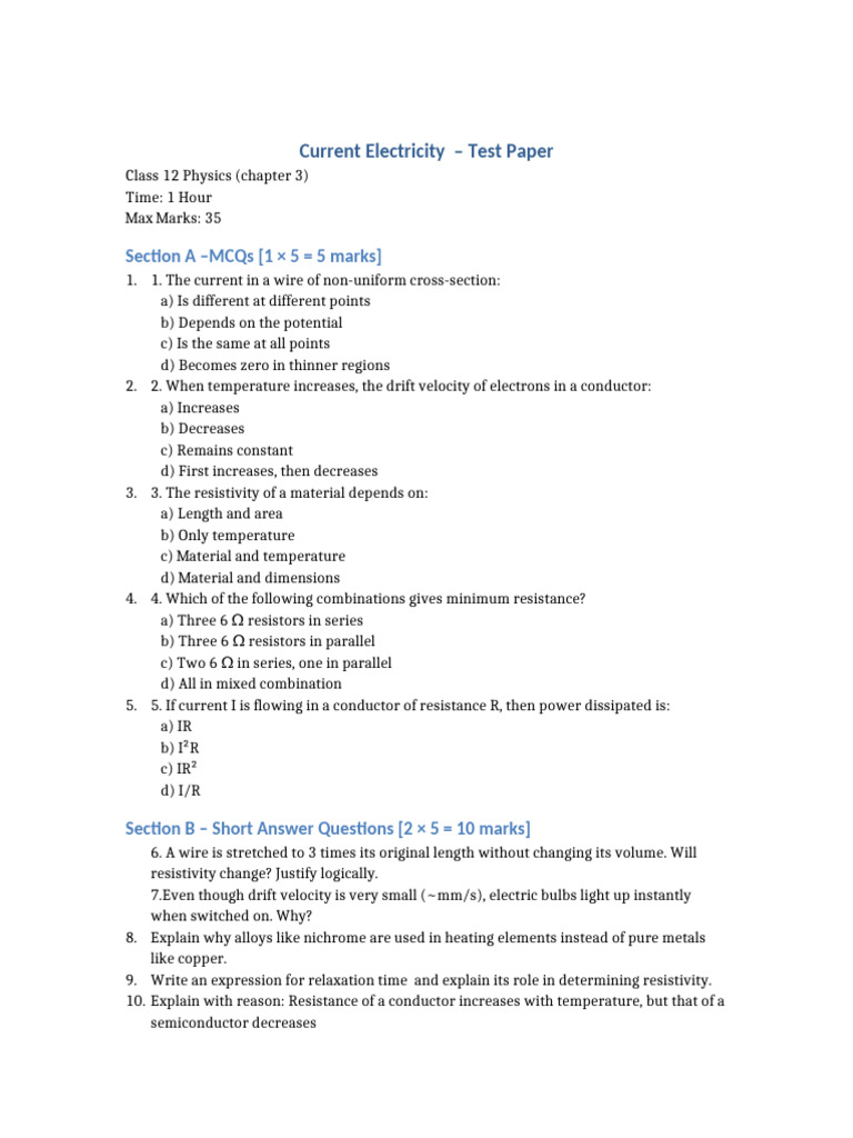 Class 12 Physics: Current Electricity Test | PDF | Electrical ...