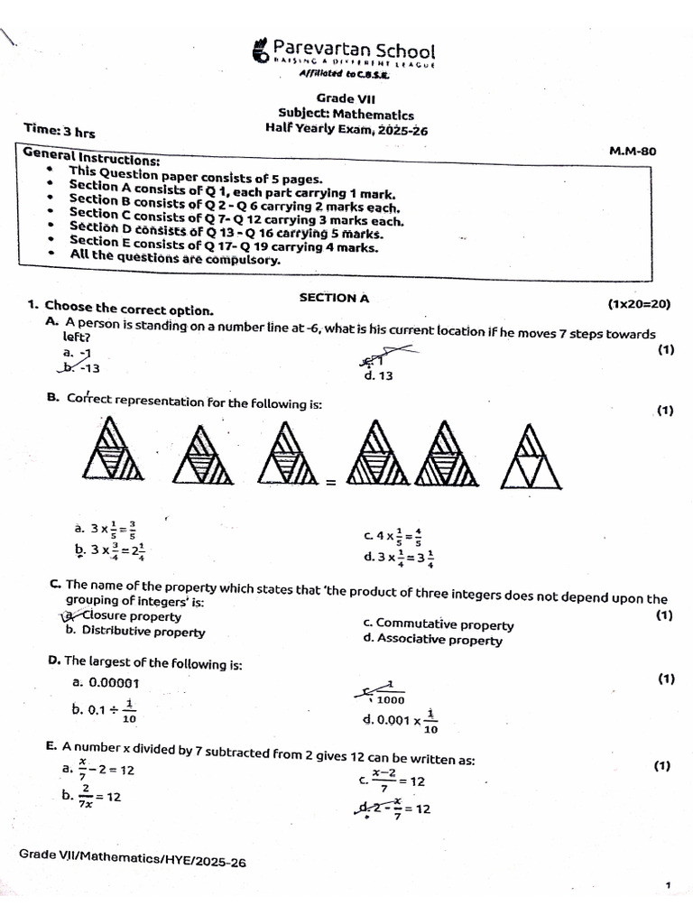 Parevartan School Class VII Halfyearly Question Paper | PDF