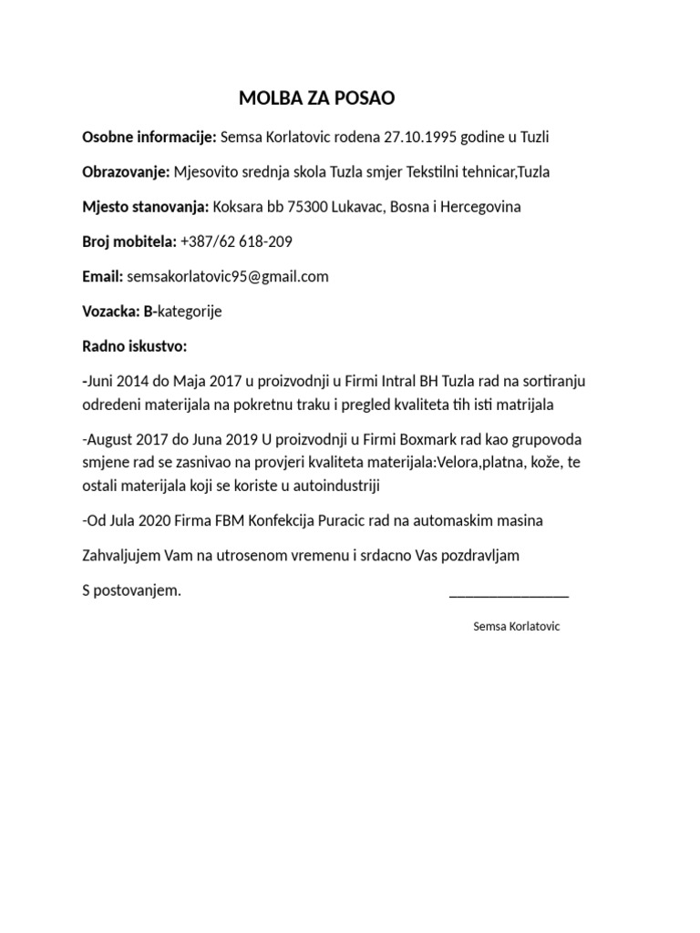 Molba Za Posao: Osobne Informacije: Obrazovanje: Mjesto Stanovanja ...