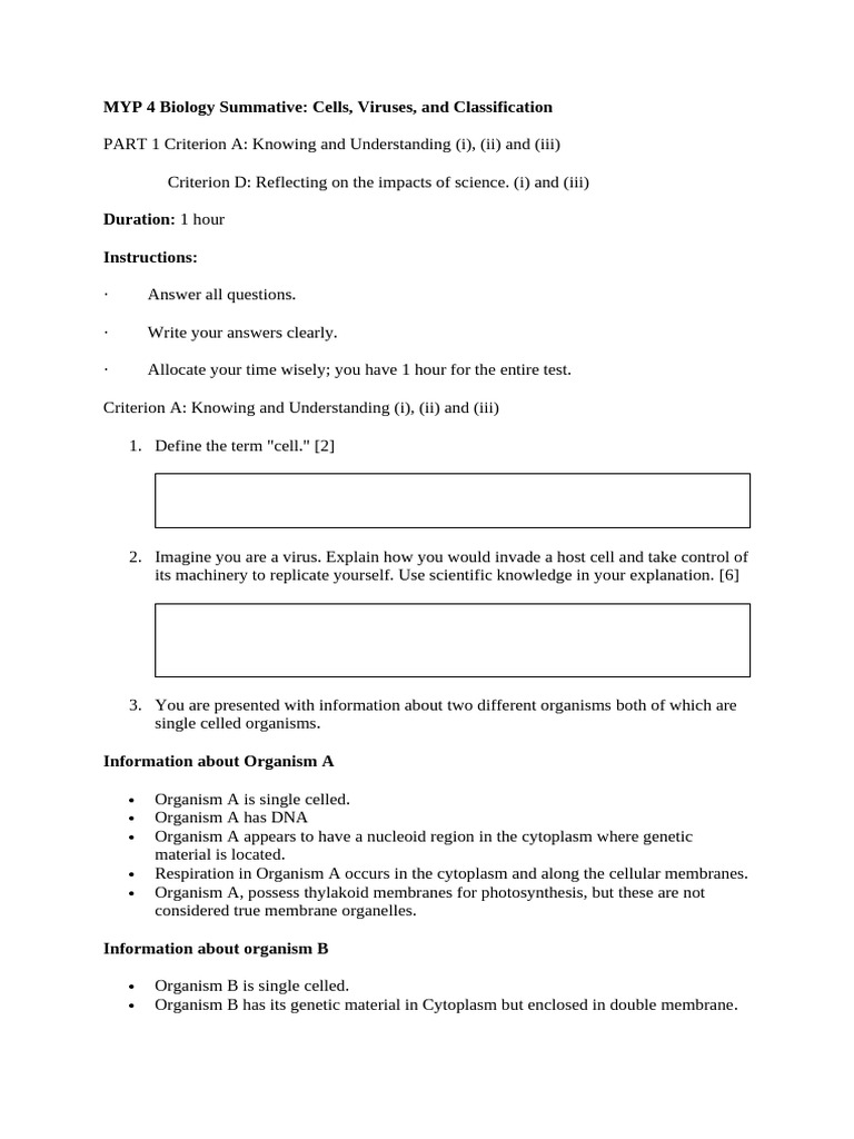 MYP 4 Biology: Cells and Viruses Exam | PDF