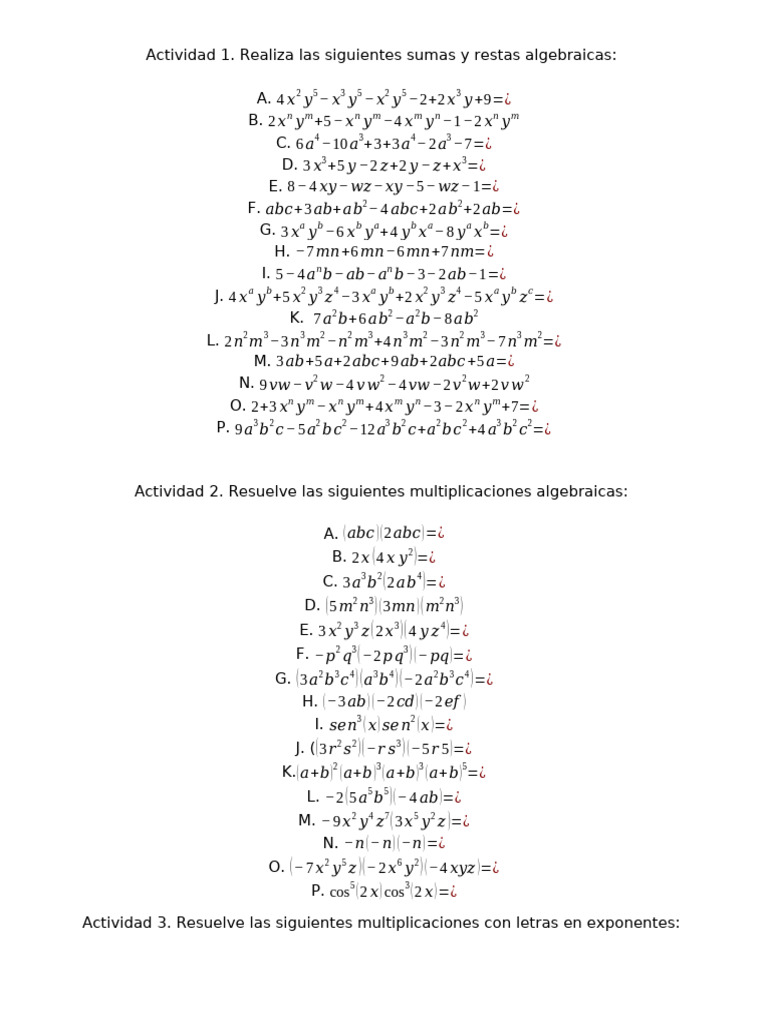 Ejercicios de Álgebra: Sumas, Restas y Más | PDF | Análisis complejo ...
