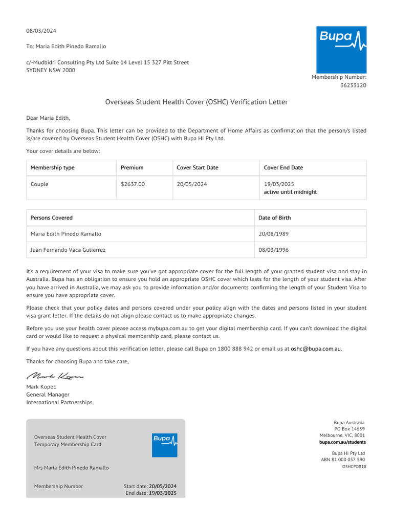 Bupa OSHC Verification Letter | PDF | Human Migration | Immigration Law