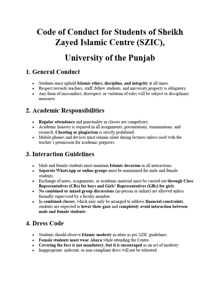 Code of Conduct For Students of Sheikh Zayed Islamic Centre | PDF
