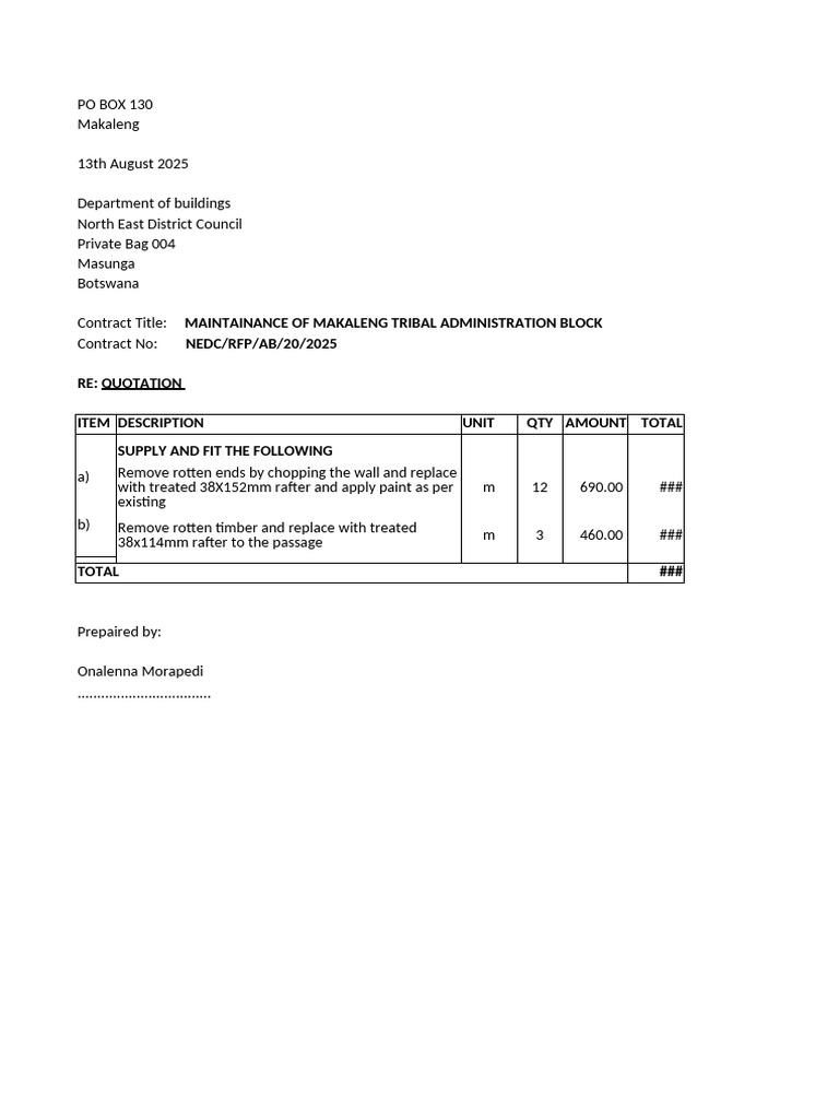 Makaleng Tribal Block Maintenance Quote | PDF