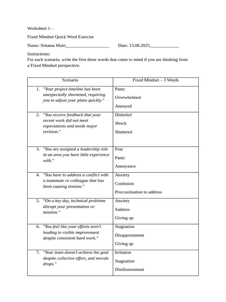 Fixed Mindset Word Exercise Worksheet | PDF | Psychological Concepts ...
