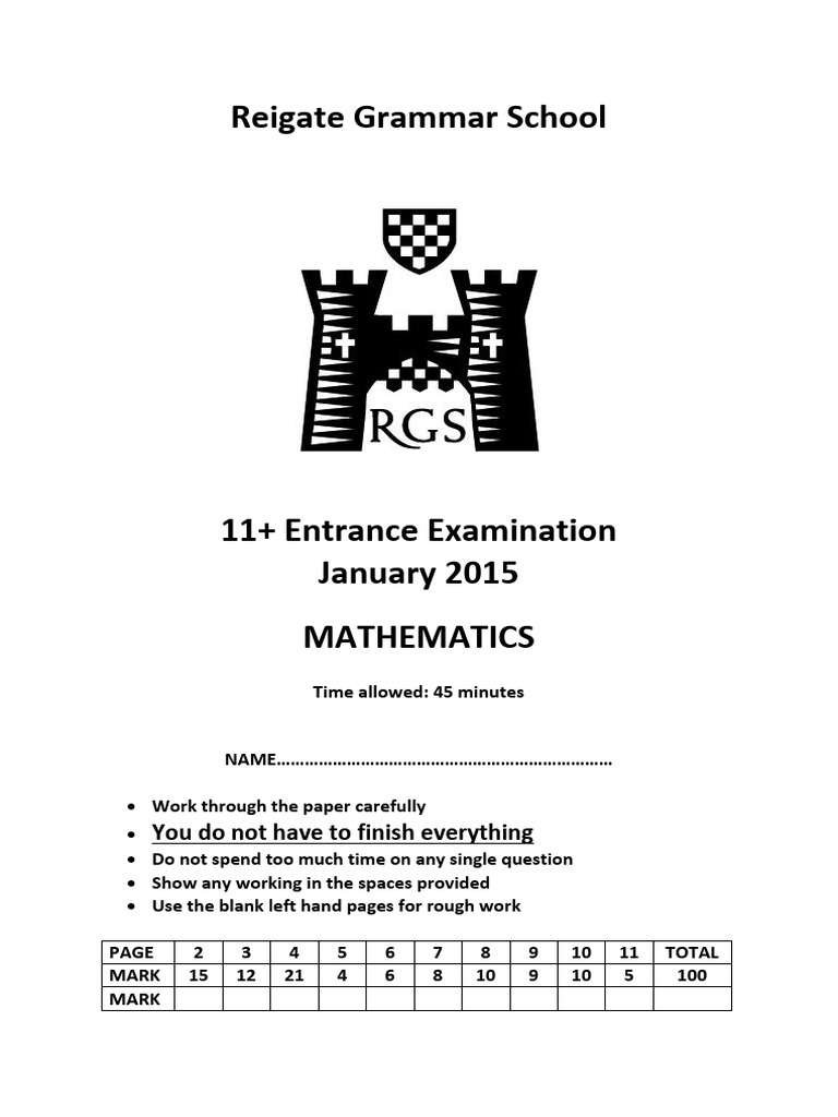 Reigate Grammar School 11+ Maths Exam | PDF | Mathematics | Discrete ...