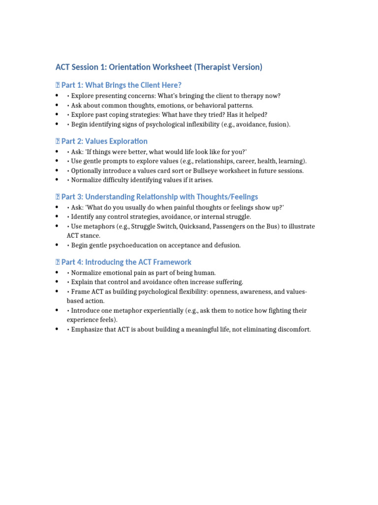 ACT Session 1 Orientation Worksheet Therapist Version | PDF