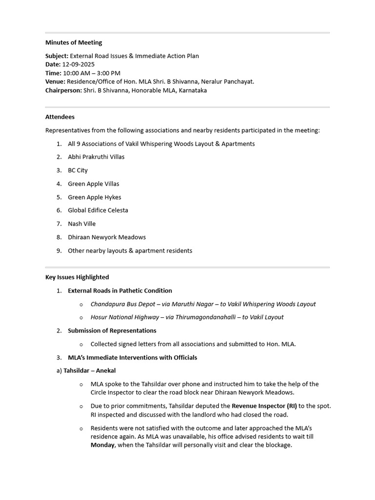 Minutes of Meeting (MOM) With MLA | PDF