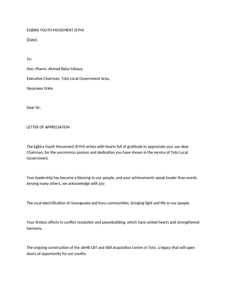 Egbira Youth Movement's Appreciation Letter | PDF