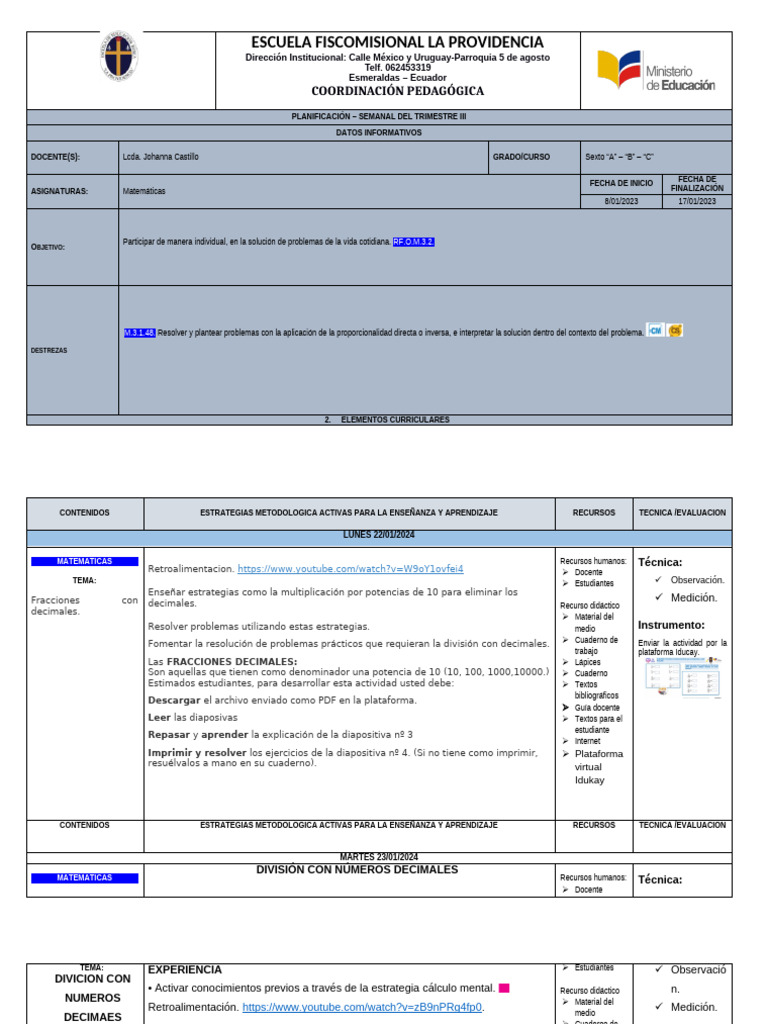 Plan de Semanal Matematica Sexto 22-26 | PDF | Evaluación | Enseñando