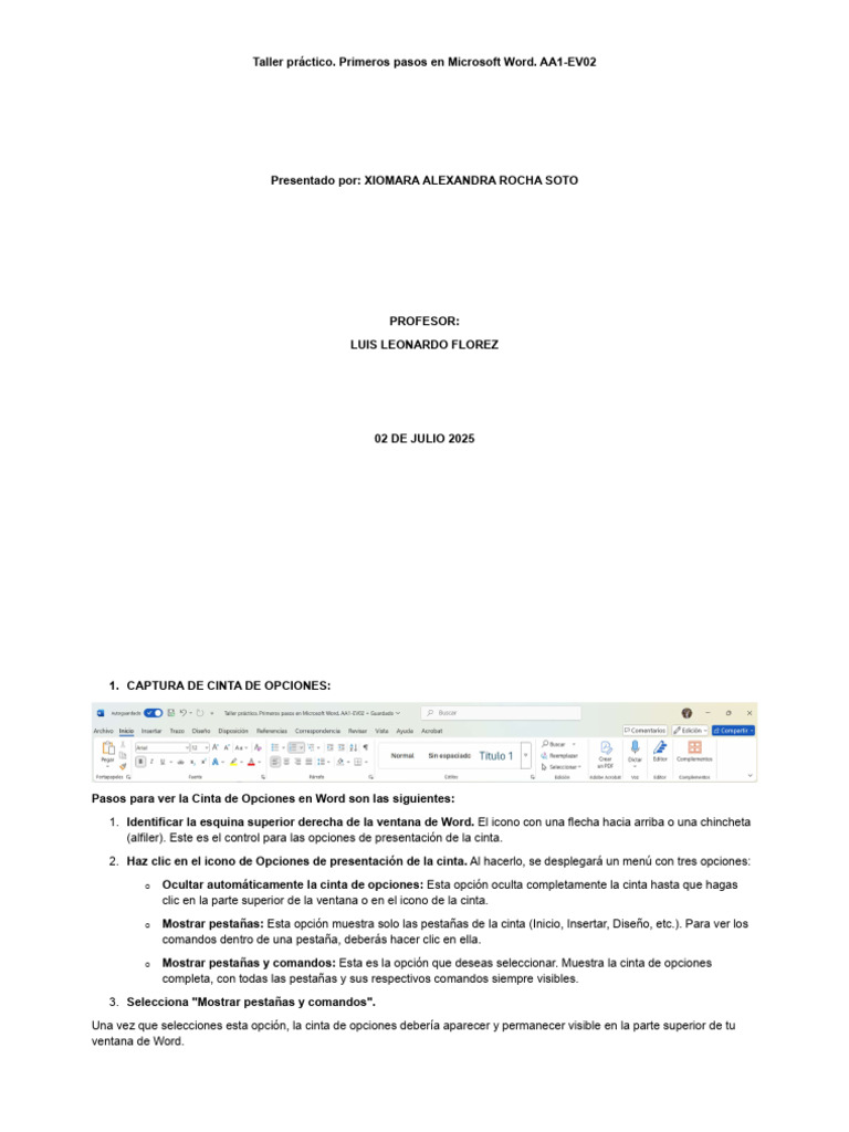 Taller Práctico. Primeros Pasos en Microsoft Word. AA1-EV02 LISTO | PDF ...