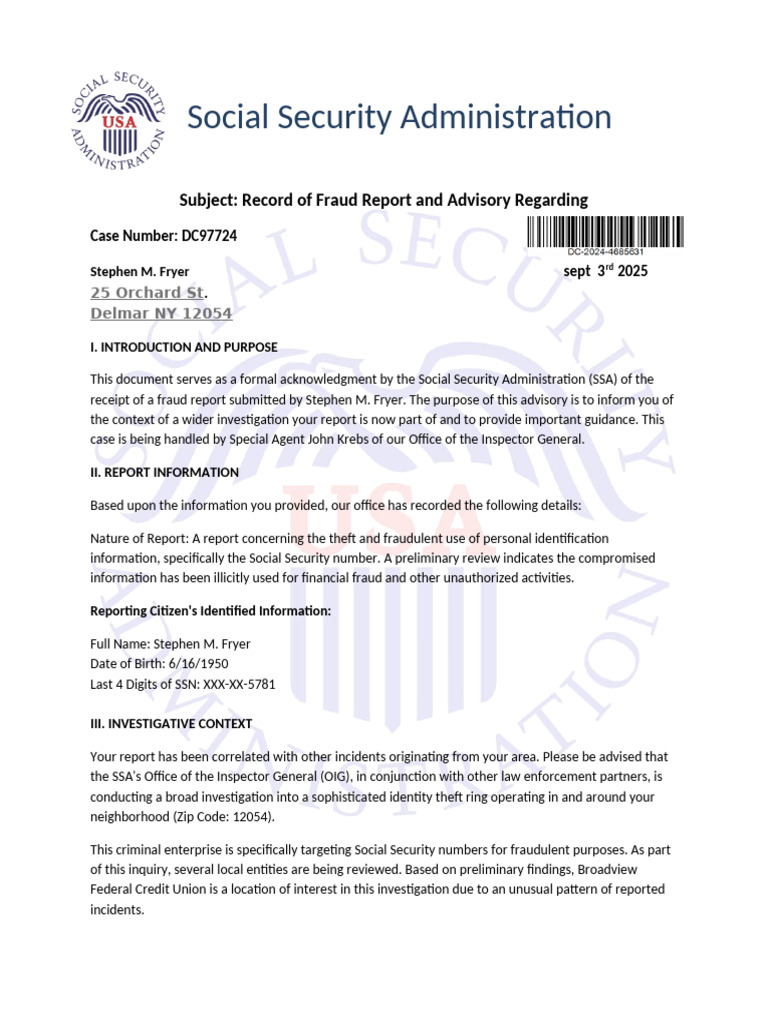 Fraud Report Acknowledgment - DC97724 | PDF | Social Security Number ...