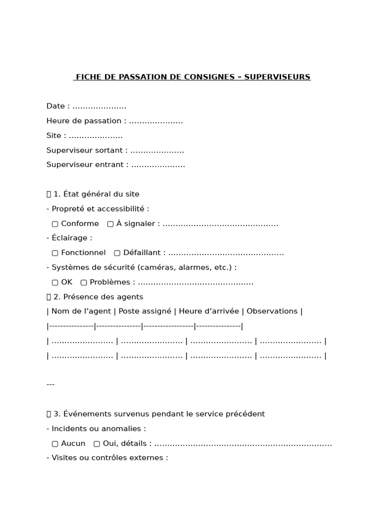 Fiche de Passation des Consignes | PDF