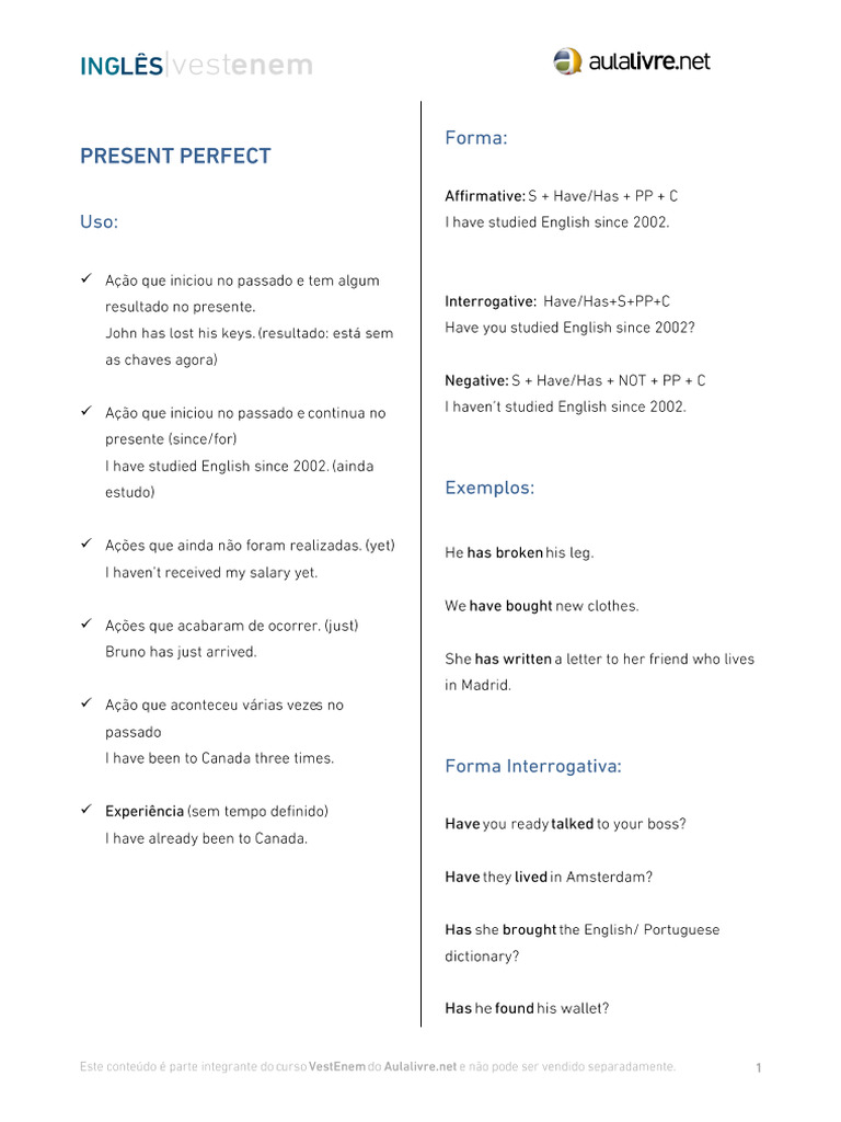 Apostila Verb Tenses Presente Perfect | PDF