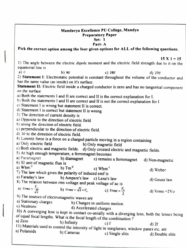 Physics Multiple Choice Questions Set 1 | PDF | Magnetic Field | Inductance