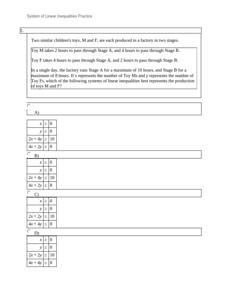 System of Linear Inequalities Practice | PDF | Inequality (Mathematics ...