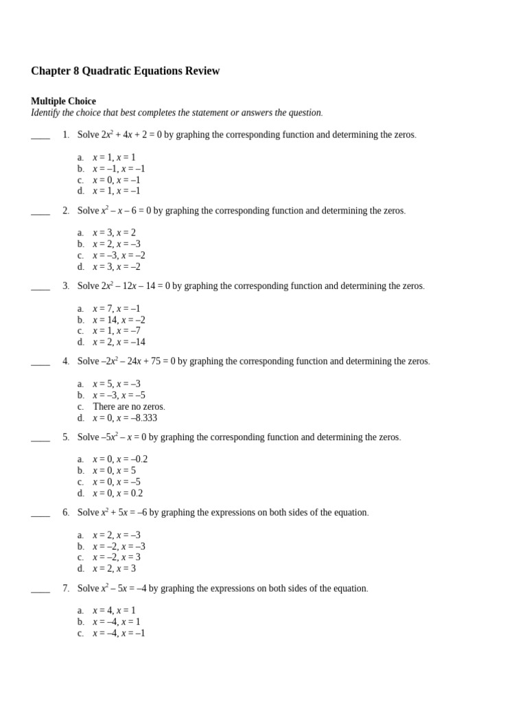 Chapter 8 Quadratic Equations Review | PDF | Quadratic Equation ...