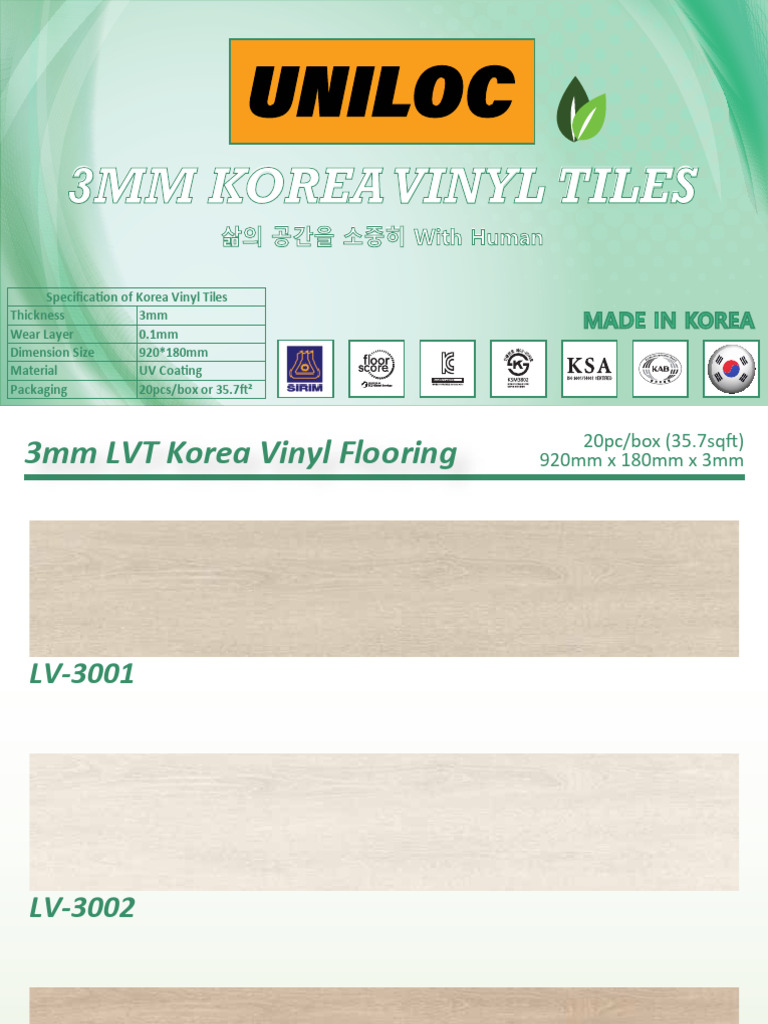 3mm Korea Vinyl Tile Specifications | PDF | Flooring | Floors