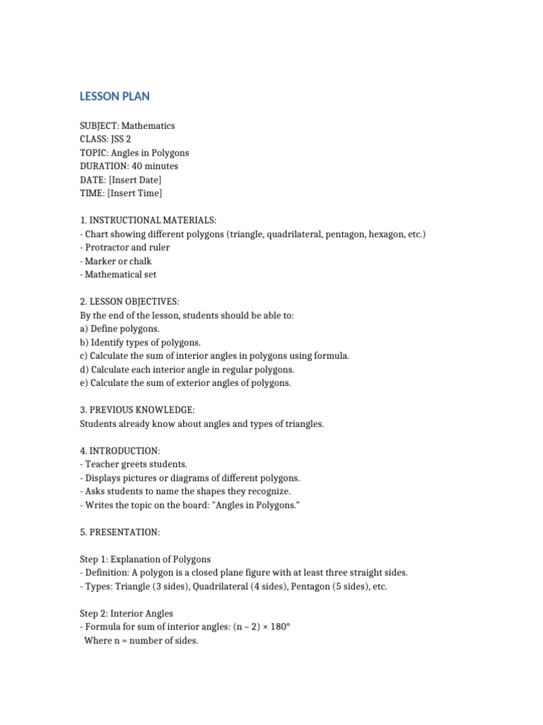 JSS2 Angles in Polygons Lesson Plan | PDF