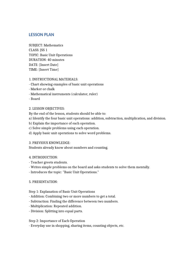 JSS1 Basic Unit Operations Lesson Plan | PDF