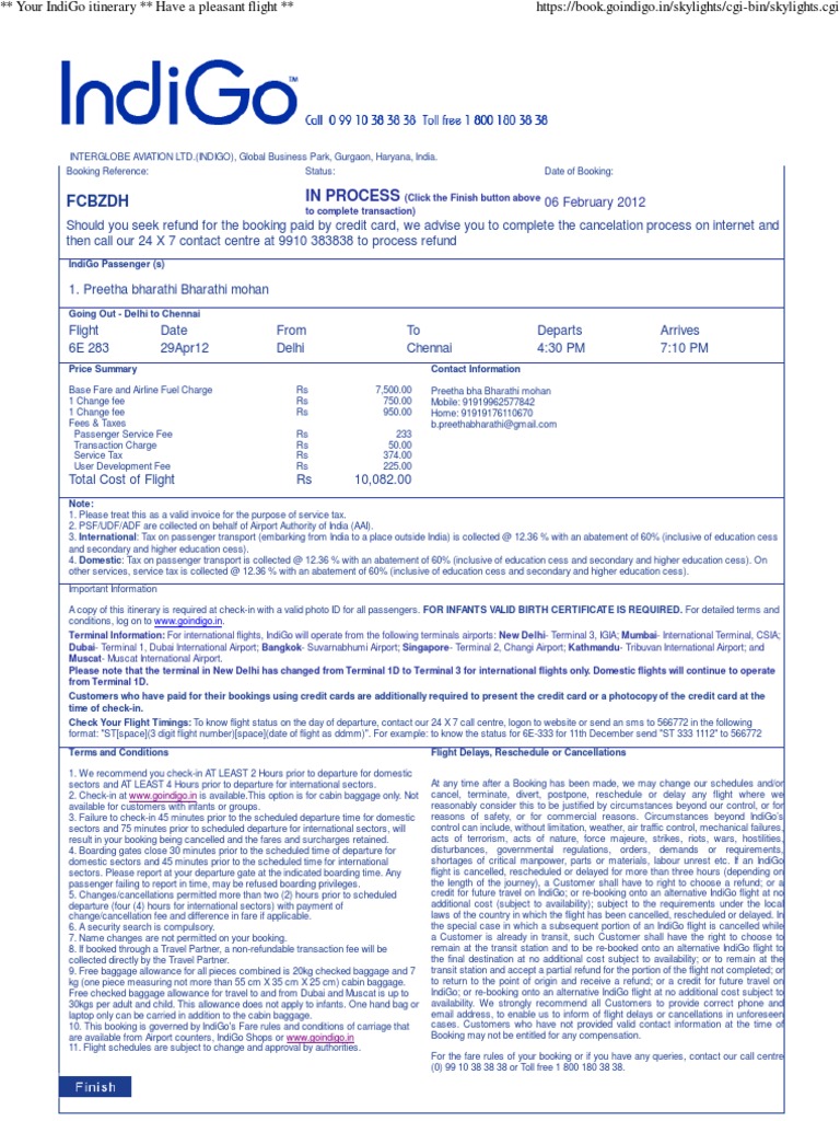 Your IndiGo Itinerary - Have A Pleasant Flight | PDF | Fee | Aviation