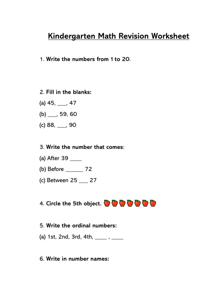 Revision Paper for KG- Maths | PDF
