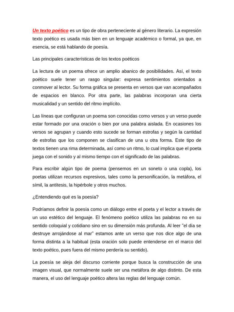 Un Texto Poético Es Un Tipo de Obra Perteneciente Al Género Literario ...