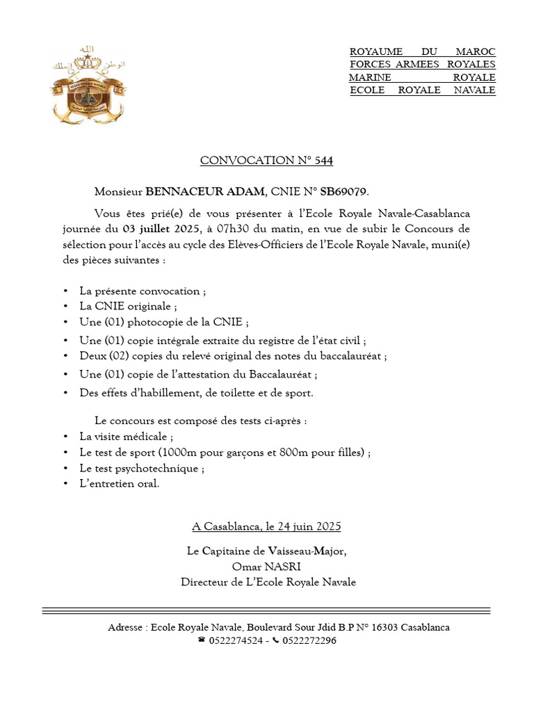 Convocation Concours Ecole Navale 2025 | PDF