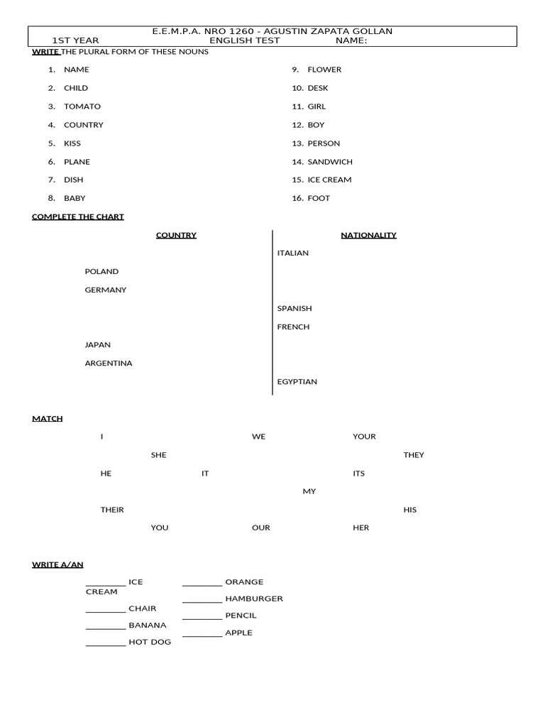 Test Plural, Articles, Nat, Count and Pronouns | PDF