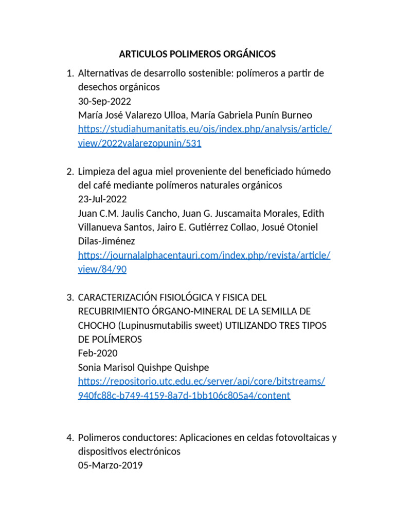 Polímeros Orgánicos: Aplicaciones y Sostenibilidad | PDF | Química ...