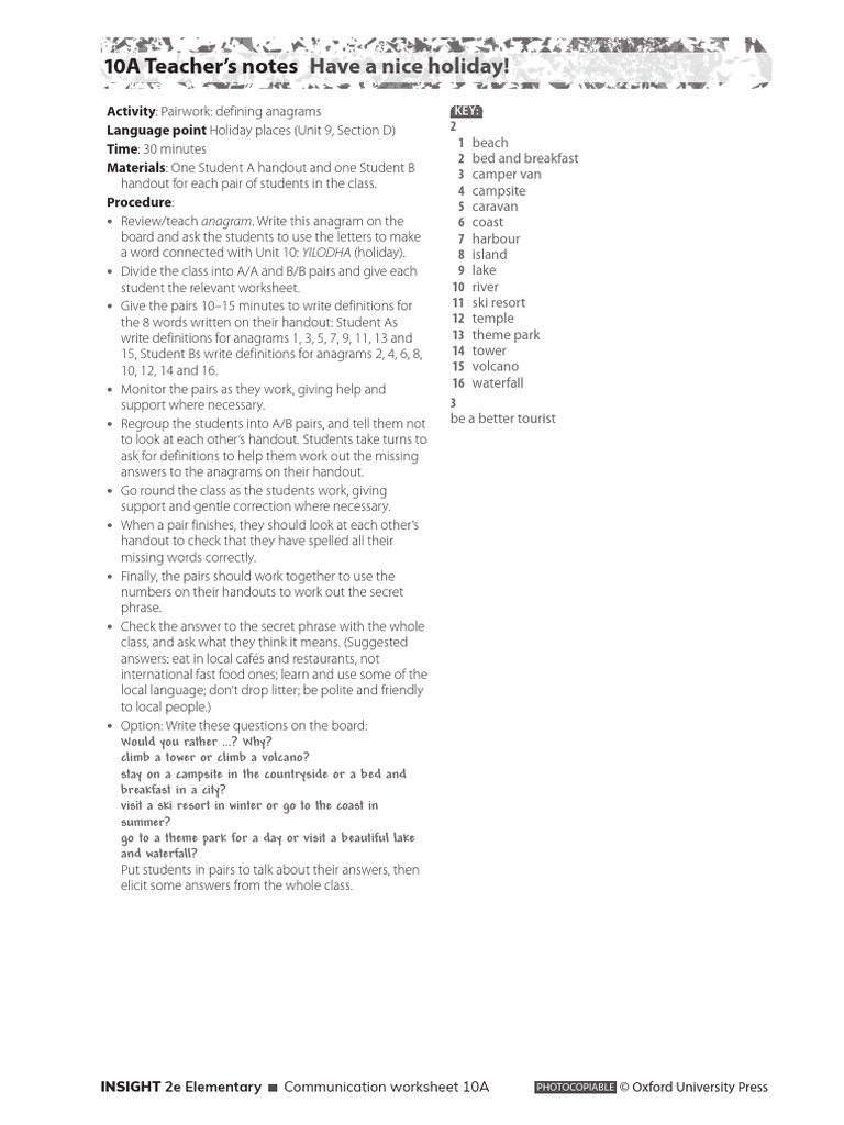 Insight2e Elem Comm Worksheet 10A Ak | PDF