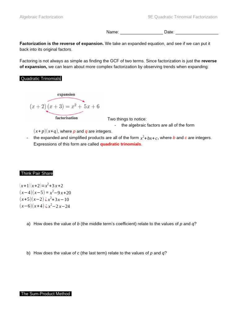 02 9E Quadratic Trinomial Factorization | PDF | Factorization ...