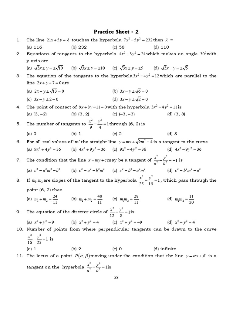 Hyperbola Tangent Practice Questions | PDF | Ellipse | Tangent