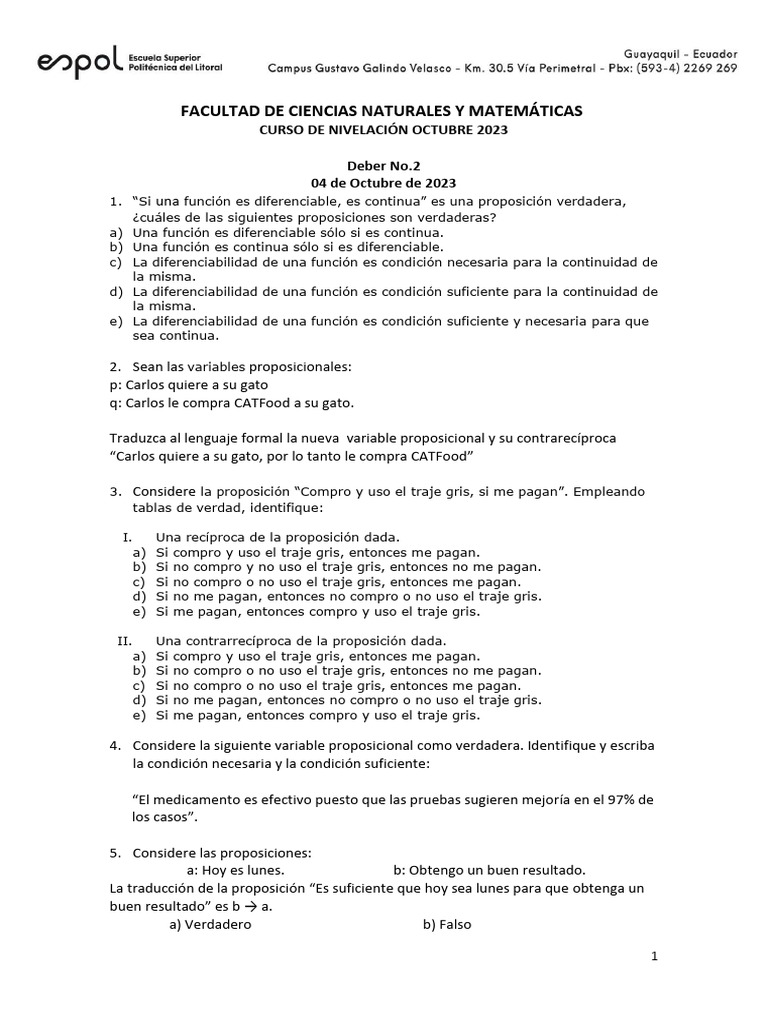 Deber 2 Matematicas | PDF | Proposición | Función (Matemáticas)