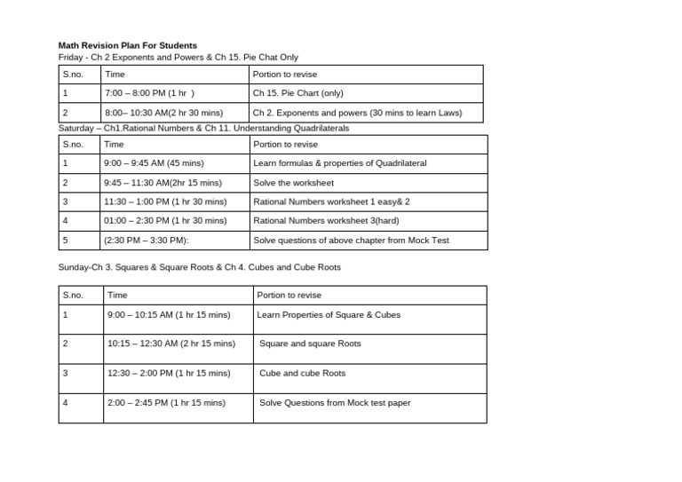 Schedule-Maths Revision | PDF
